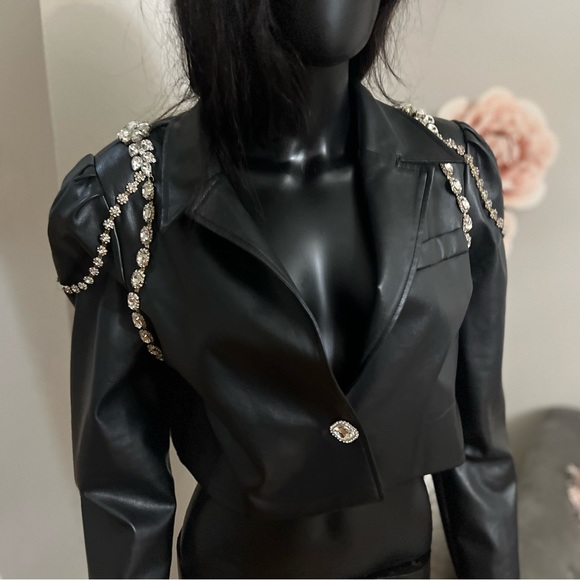 La Perla | Jackets & Coats | Black Leather Cropped Jacket With Jeweled ...